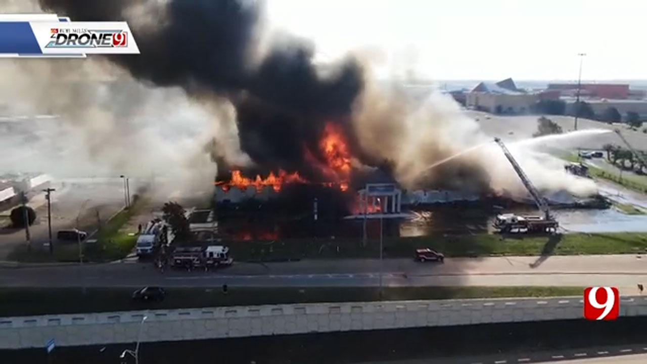 Drone Video: Firefighters Battle Vacant Hotel Fire In SE Oklahoma City