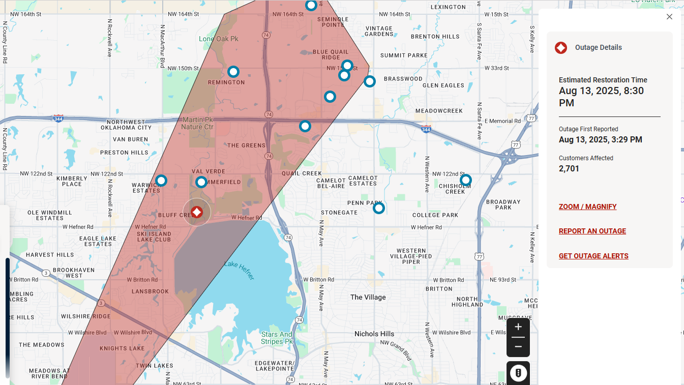 Power outage confirmed on Wednesday by OG&E in NW OKC, nearly 3,000 ...