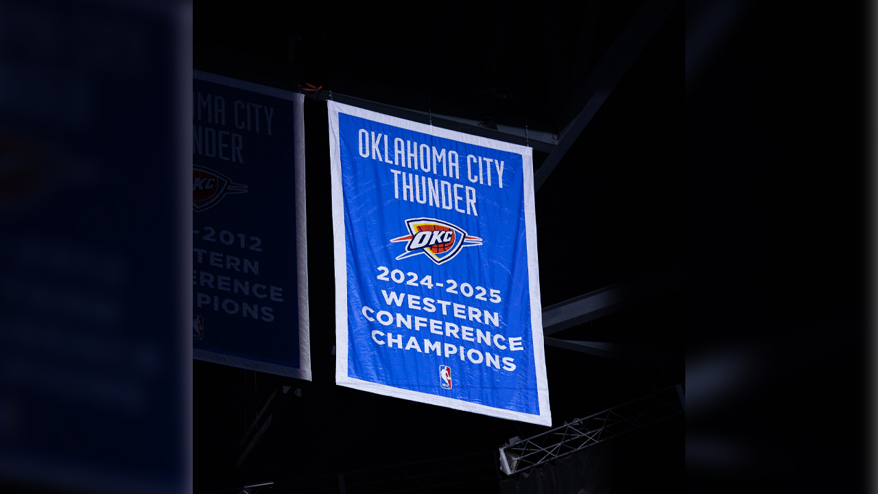 OKC Thunder 2025 Western Conference Champions Banner now hangs inside ...